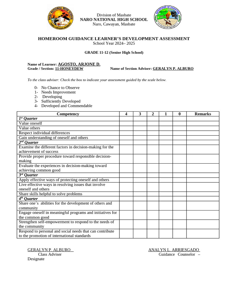 Senior High School Guidance Assessment | PDF | Decision Making ...