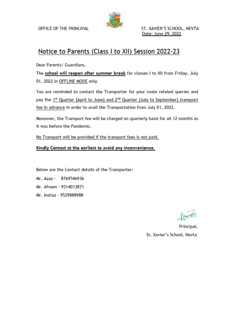 School Reopen - Transport Notice | PDF
