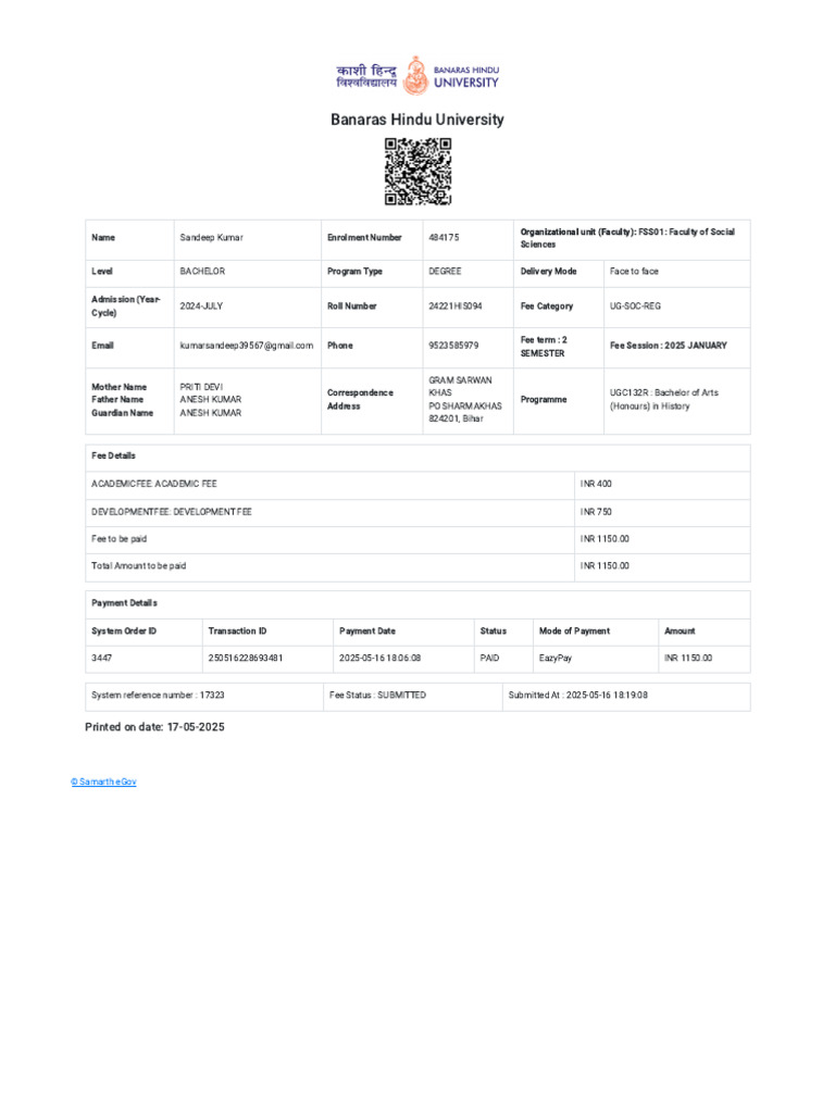 Fee Receipt Sem Two | PDF | Payments | Services (Economics)