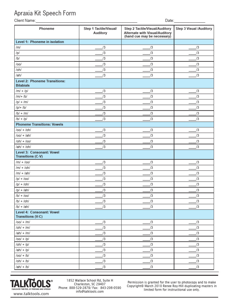 Apraxia Kit Speech Practice Form | PDF | Oral Communication | Linguistics