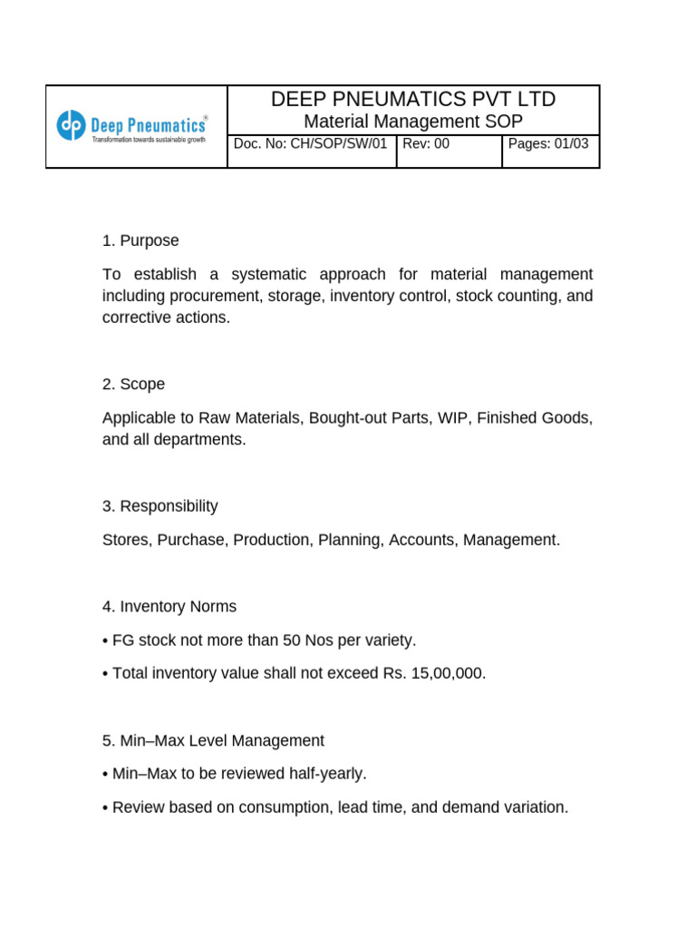 Material Management SOP Overview | PDF