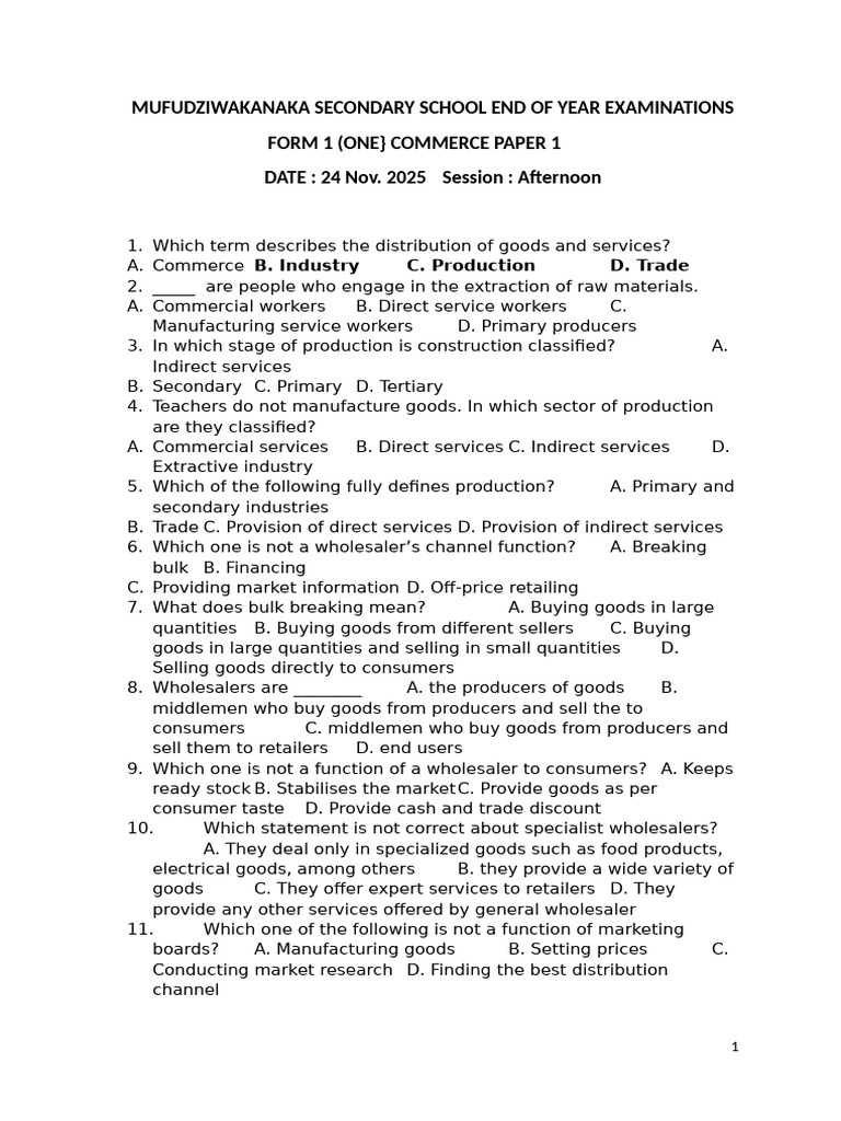 form 1 commerce multiple choice revision test | PDF | Entrepreneurship ...