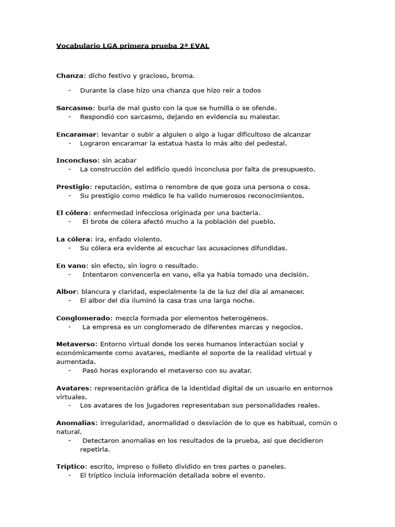 Vocabulario LGA Primera Prueba 2ª EVAL | PDF