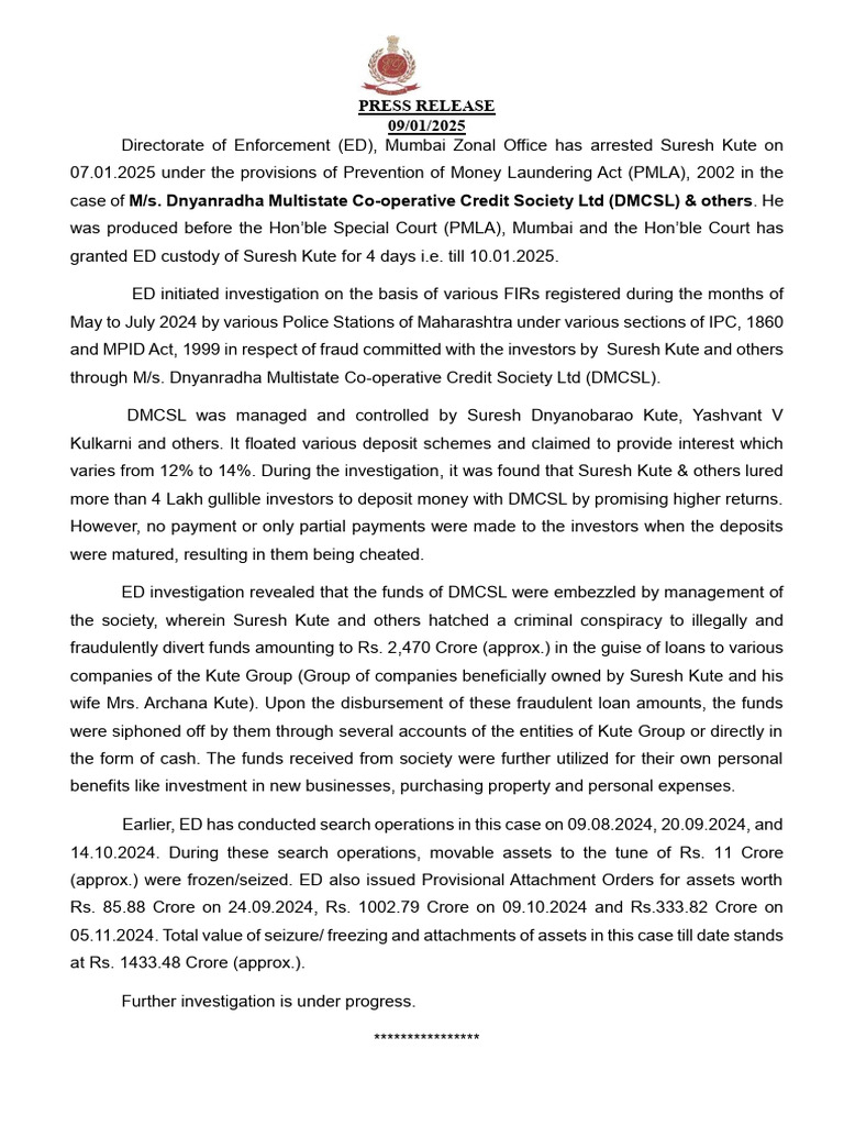 Press Release - Arrest-Suresh Kute Arrest -09.1.2025 2 | PDF | Fraud ...