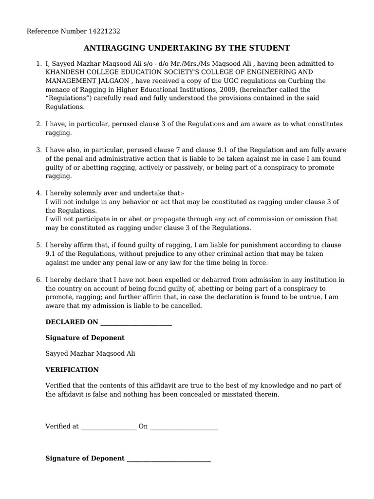 Anti Ragging Affidavit Form | PDF | Affidavit
