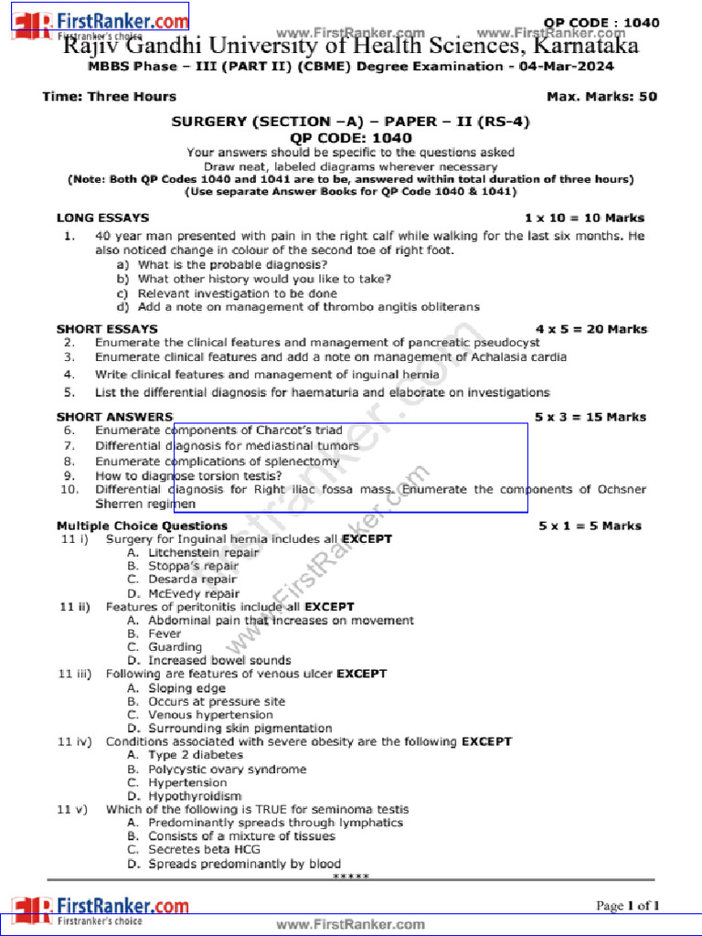 FR Surgery Paper II Rs 4 Previous Question Paper | PDF
