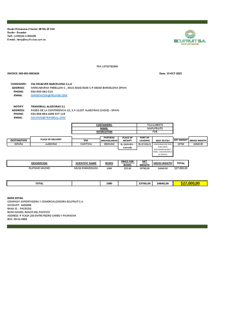 Import Invoice for Ecuadorian Bananas | PDF