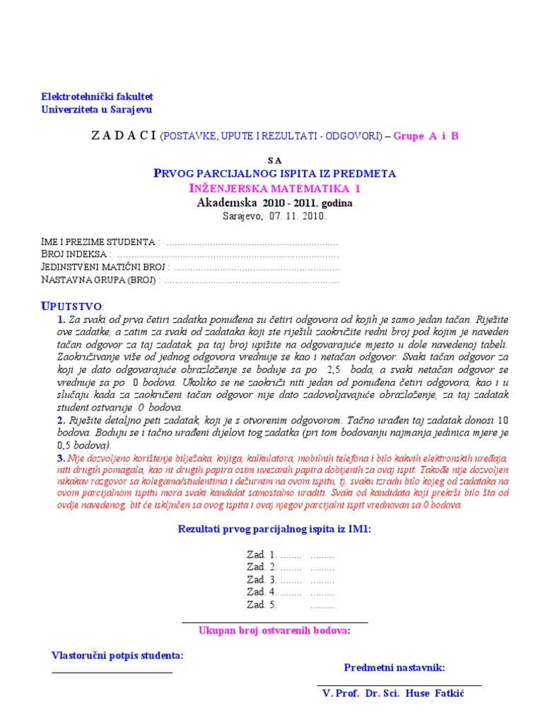 Ispitni Zadaci Inzenjerska Matematika 1 2010 - 2011 | PDF