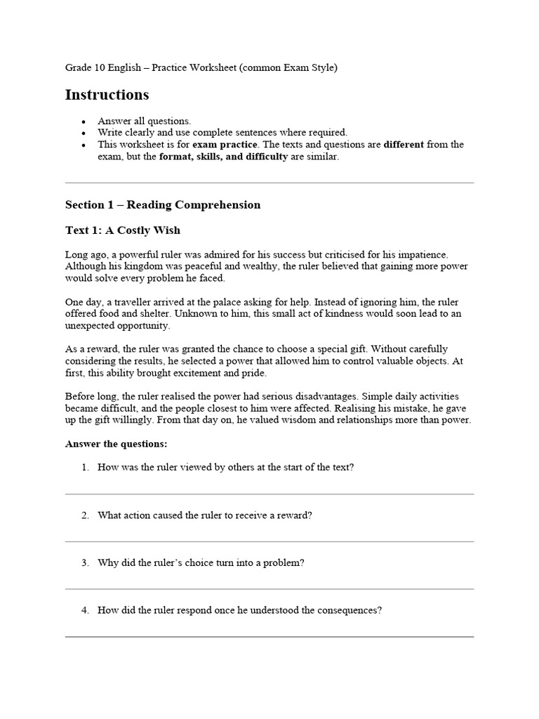 Grade 10 English - Practice Worksheet | PDF | Learning | Cognition