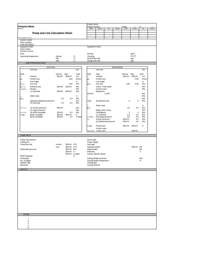 Pump and Line Calculation Sheet | PDF