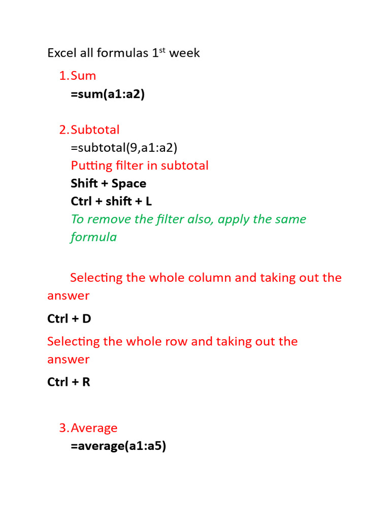 Excel All Basic Shortcut Keys and Basic Formulas | PDF