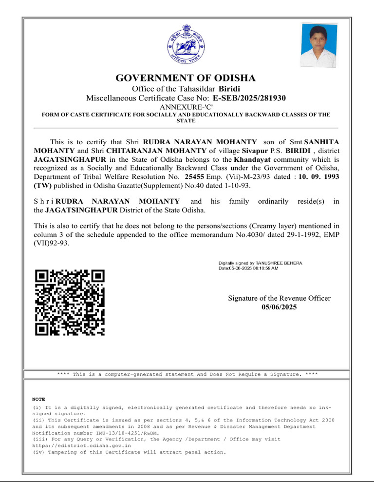 Odisha Caste Certificate for Khandayat | PDF | Government Of India ...