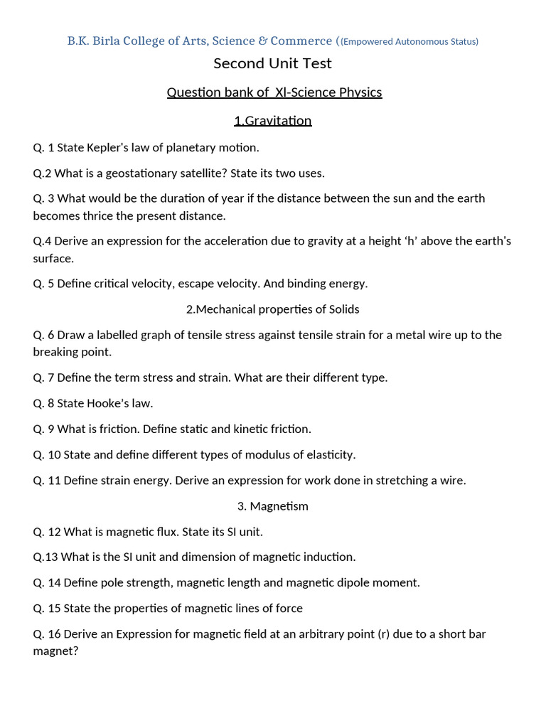 Physics Question Bank UT-II 2025-26 | PDF