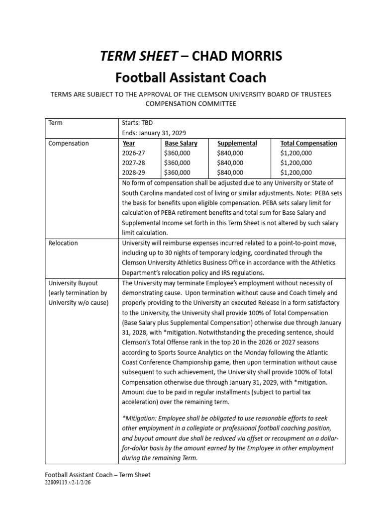 Chad Morris Football Coach Term Sheet | PDF | Cost Of Living | Employment