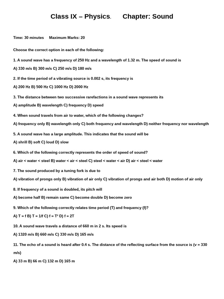Class IX Physics: Sound Quiz Questions | PDF | Sound | Frequency
