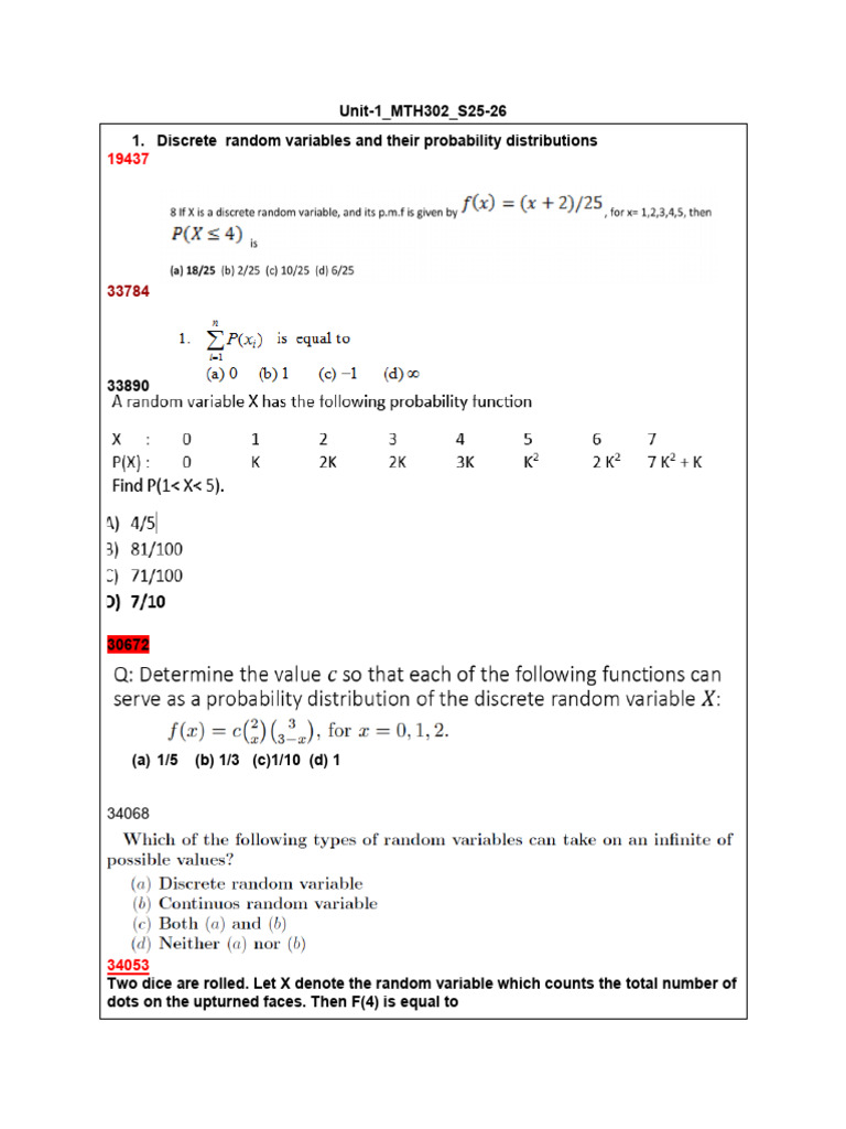 Unit-1_MCQ_MTH302_S25-26 (1) | PDF | Skewness | Probability