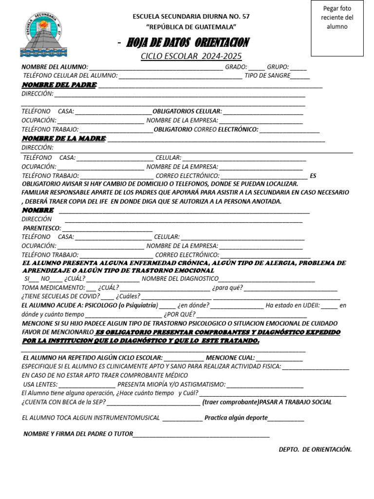 Hoja de Datos Orientacion 2024-2025 en Negrita | PDF | Cuidado de la ...