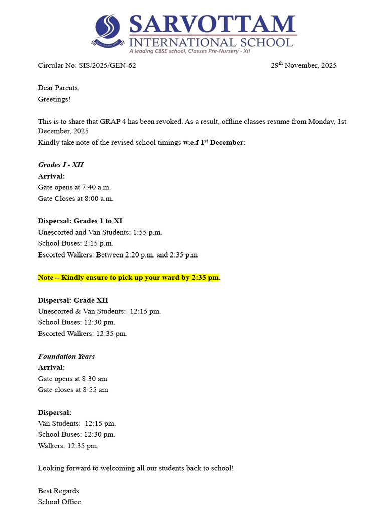 Circular 62 - Offline Classes Resume From 1st December & Revised School ...