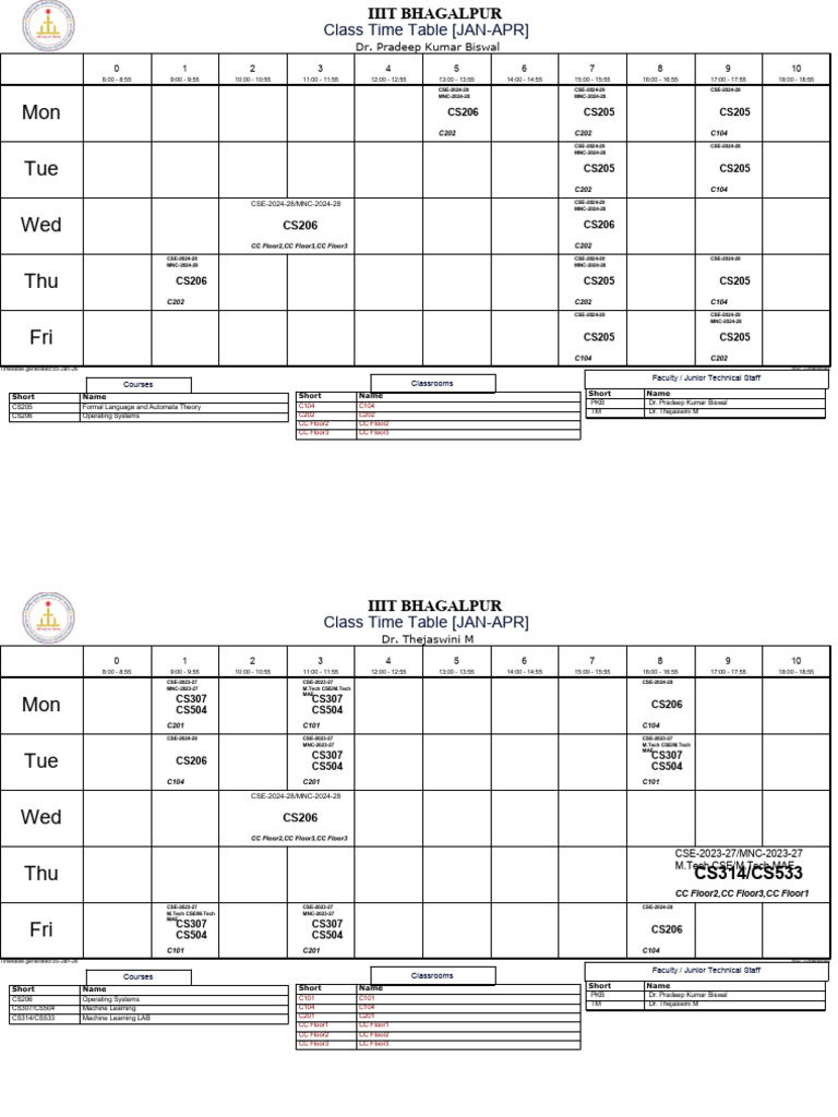 IIIT Bhagalpur Class Timetable 2024 | PDF | Electronic Engineering ...