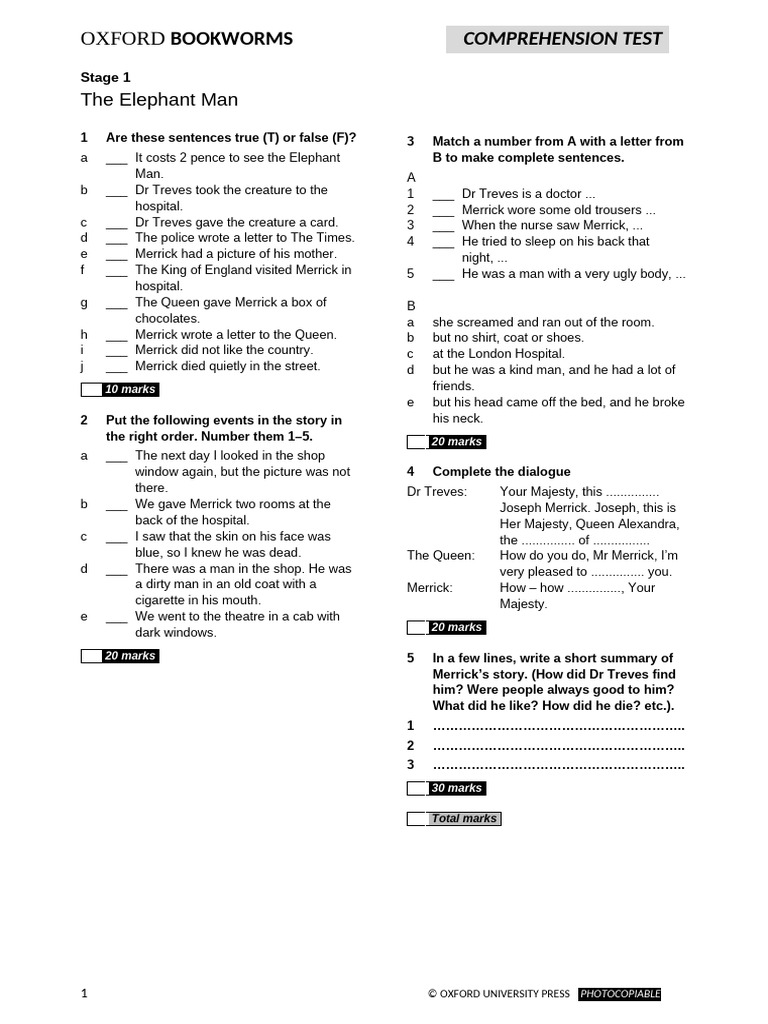 Elephant Man Comprehension Test | PDF