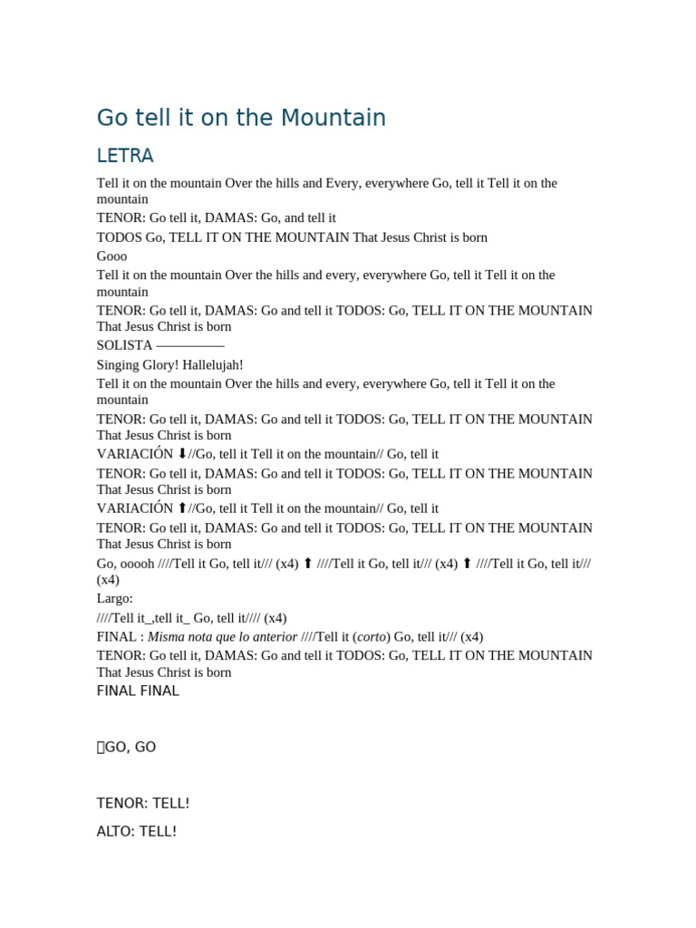 Lyrics to "Go Tell It on the Mountain" | PDF