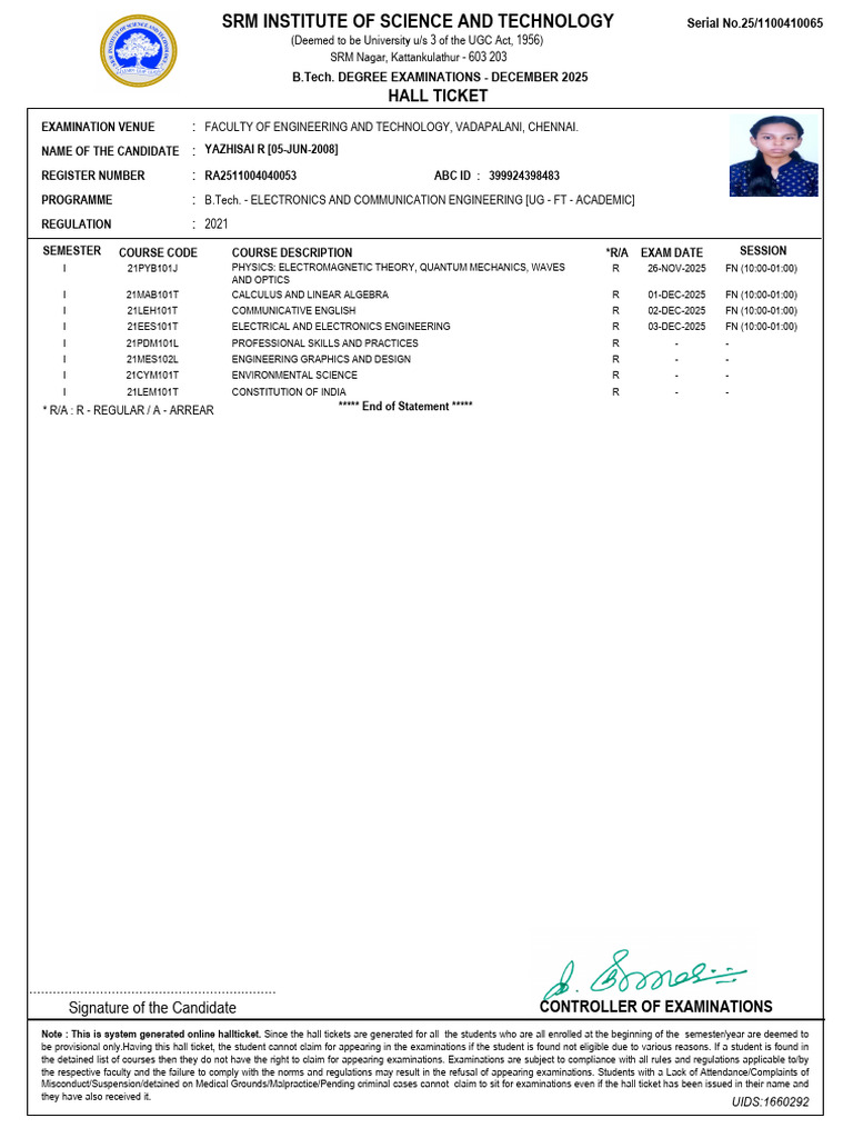 SRM University B.Tech Exam Hall Ticket | PDF | Books