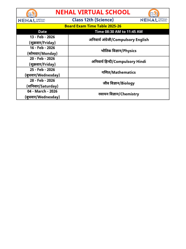 12th Science Board Time Table | PDF