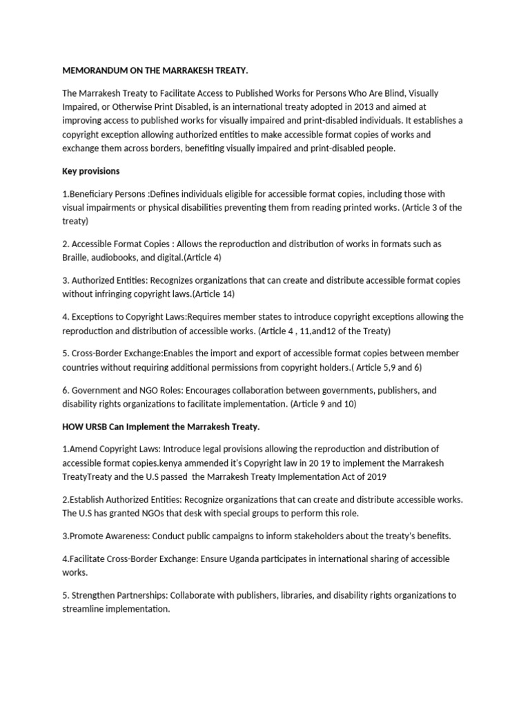 Marrakesh Treaty Overview and Implementation | PDF