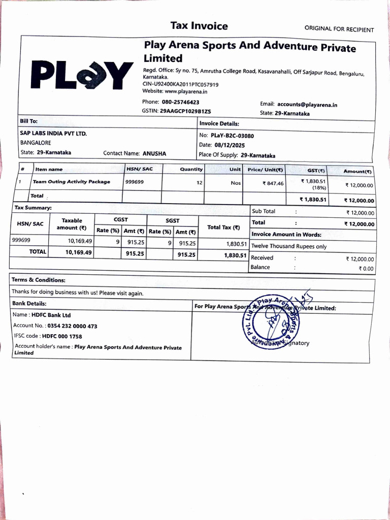Tax Invoice for Team Outing Activity | PDF | Government Finances ...