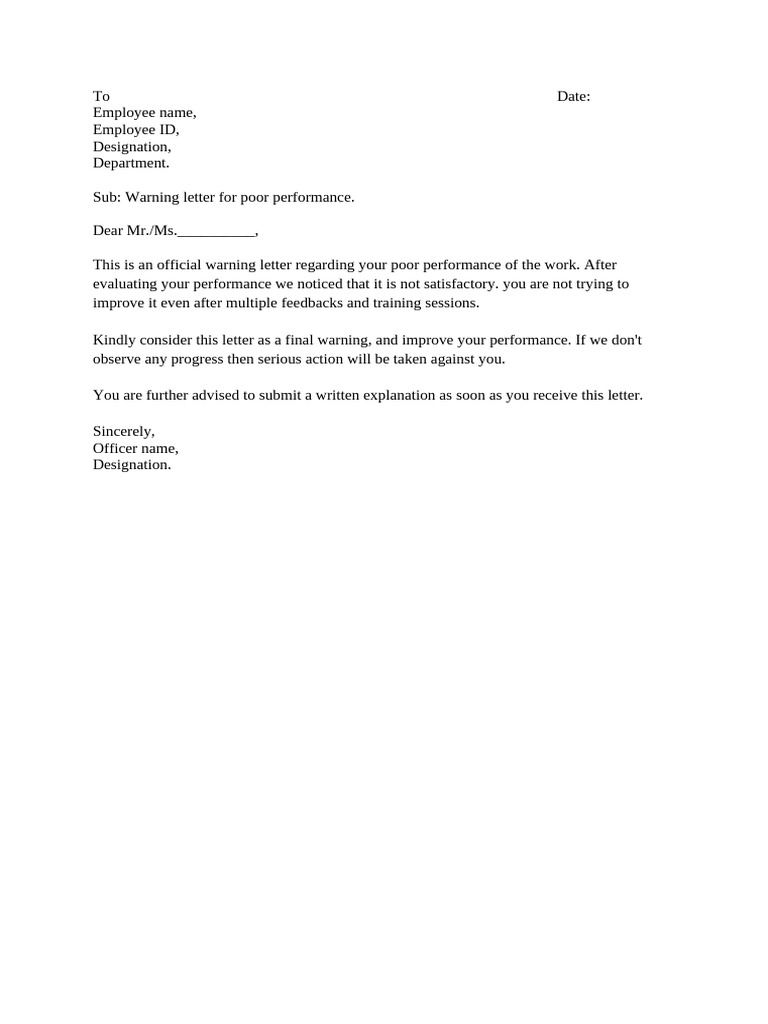 Warning Letter to Employee for Poor Performance | PDF