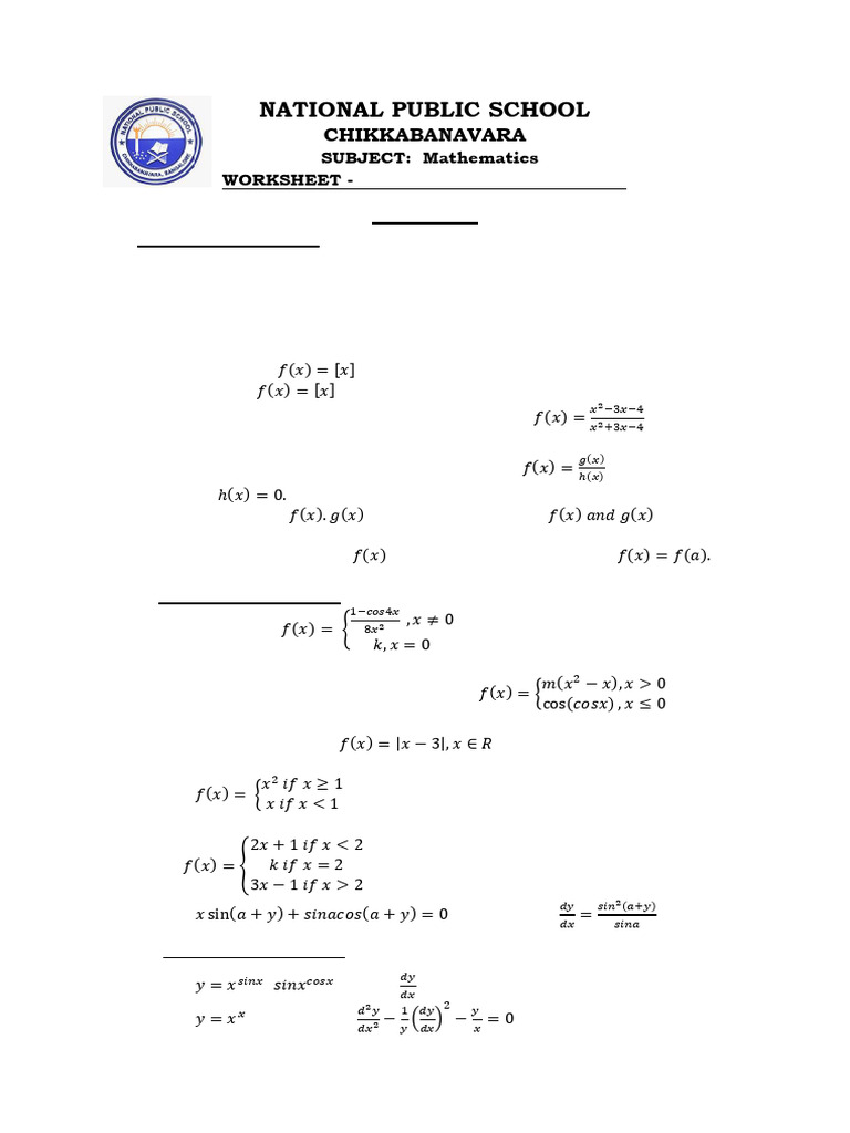 Continuity and Differentiability Worksheet | PDF | Function ...