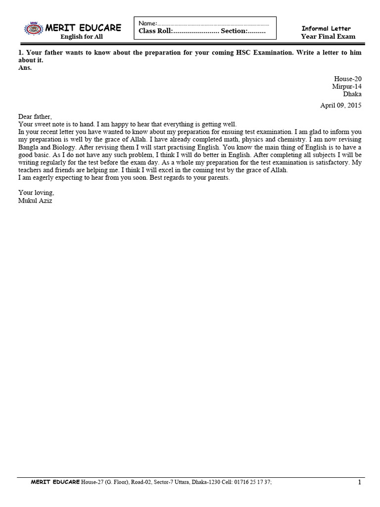 Informal Letter on HSC Exam Prep | PDF