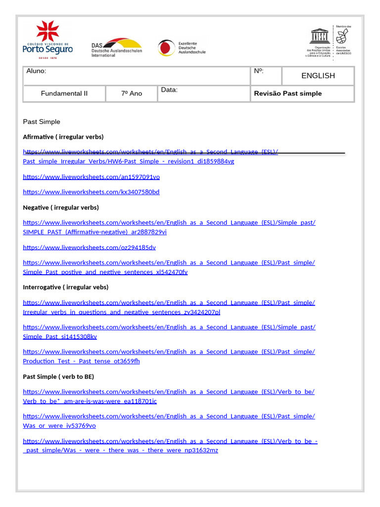 Past Simple - Irregular Verbs - Interactive Links | PDF