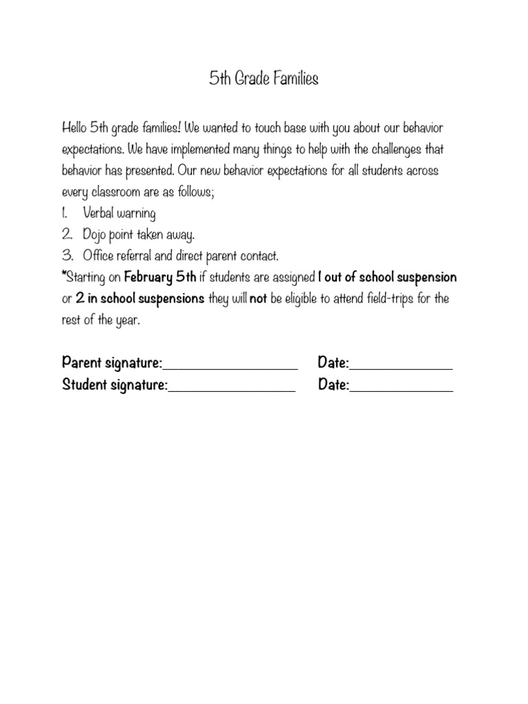 Behavior Letter 5th Grade | PDF