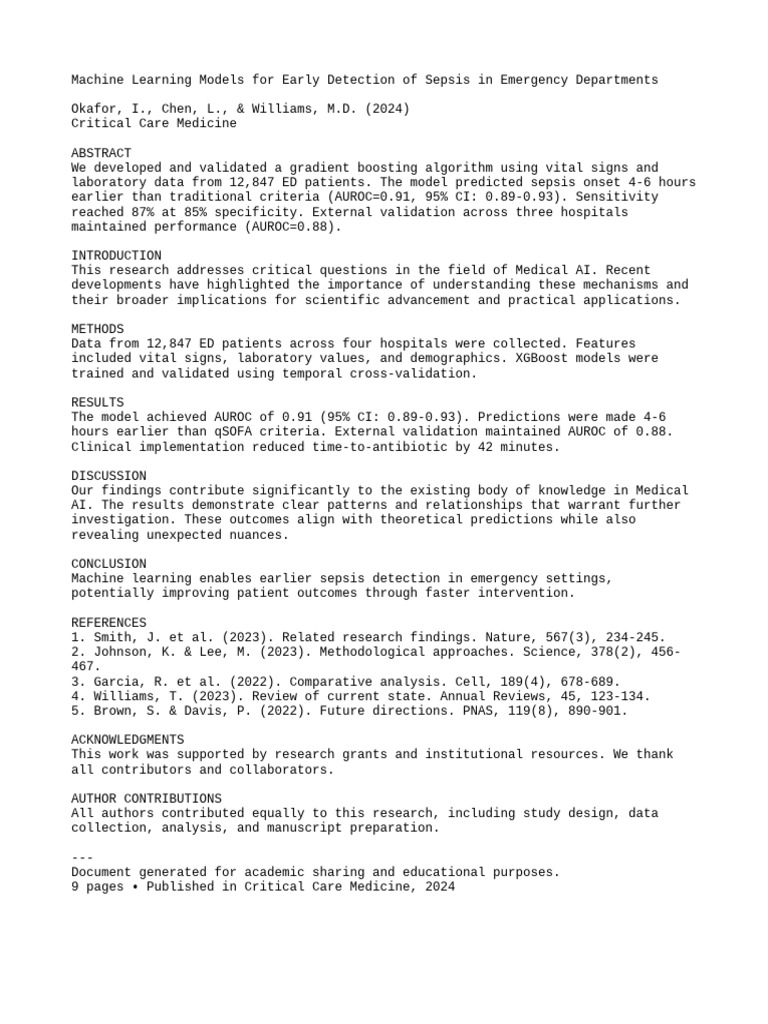 Machine Learning Models For Early Detection of Sep | PDF