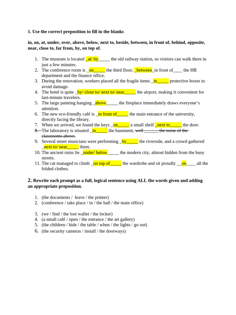 Preposition Practice and Sentence Creation | PDF