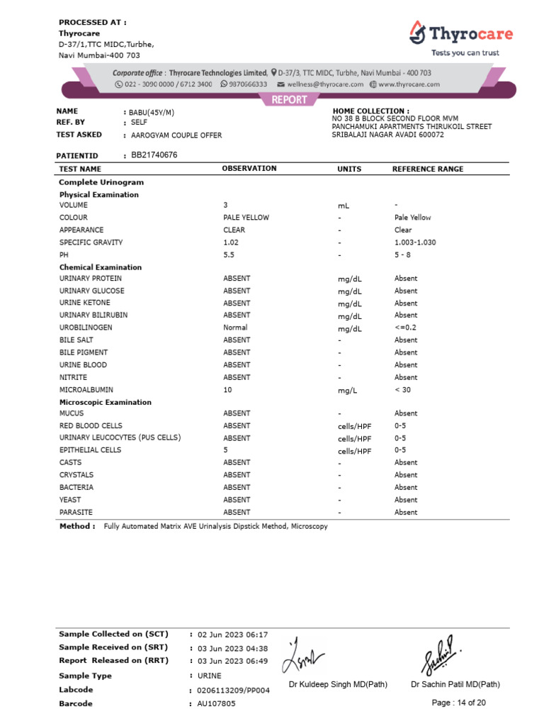 846225989-Thyrocare-report_260105_233402 | PDF | Urine | Medical ...