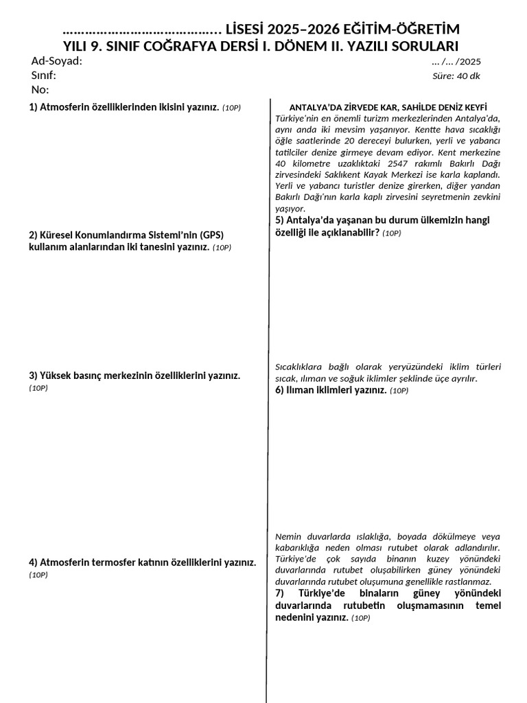 Cografya 9 Sinif 1 Donem 2 Yazili 2025 2026 | PDF