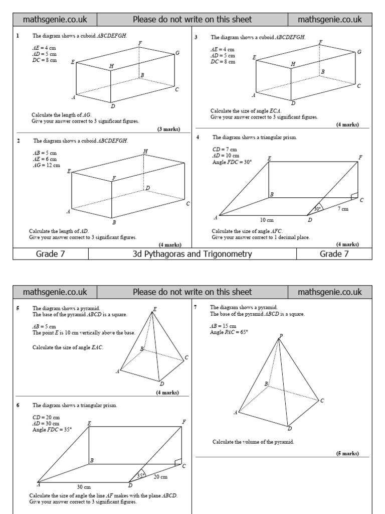 7 3d Pythagoras and Trigonometry Ws | PDF | Elementary Geometry ...