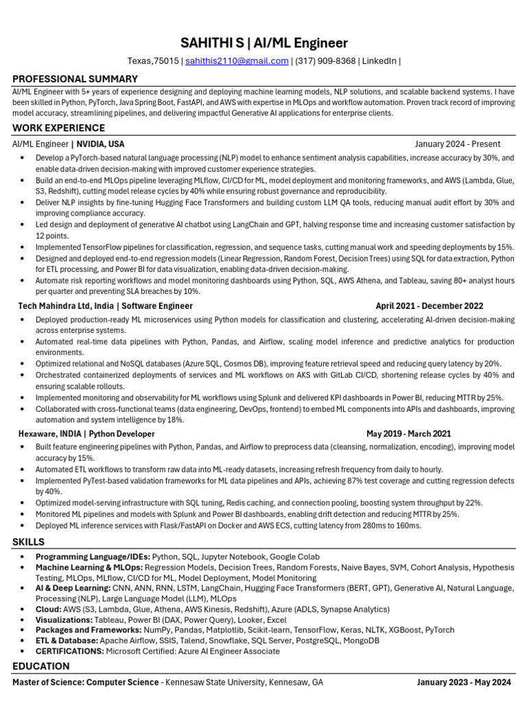 AI/ML Engineer Resume Overview | PDF | Machine Learning | Artificial ...