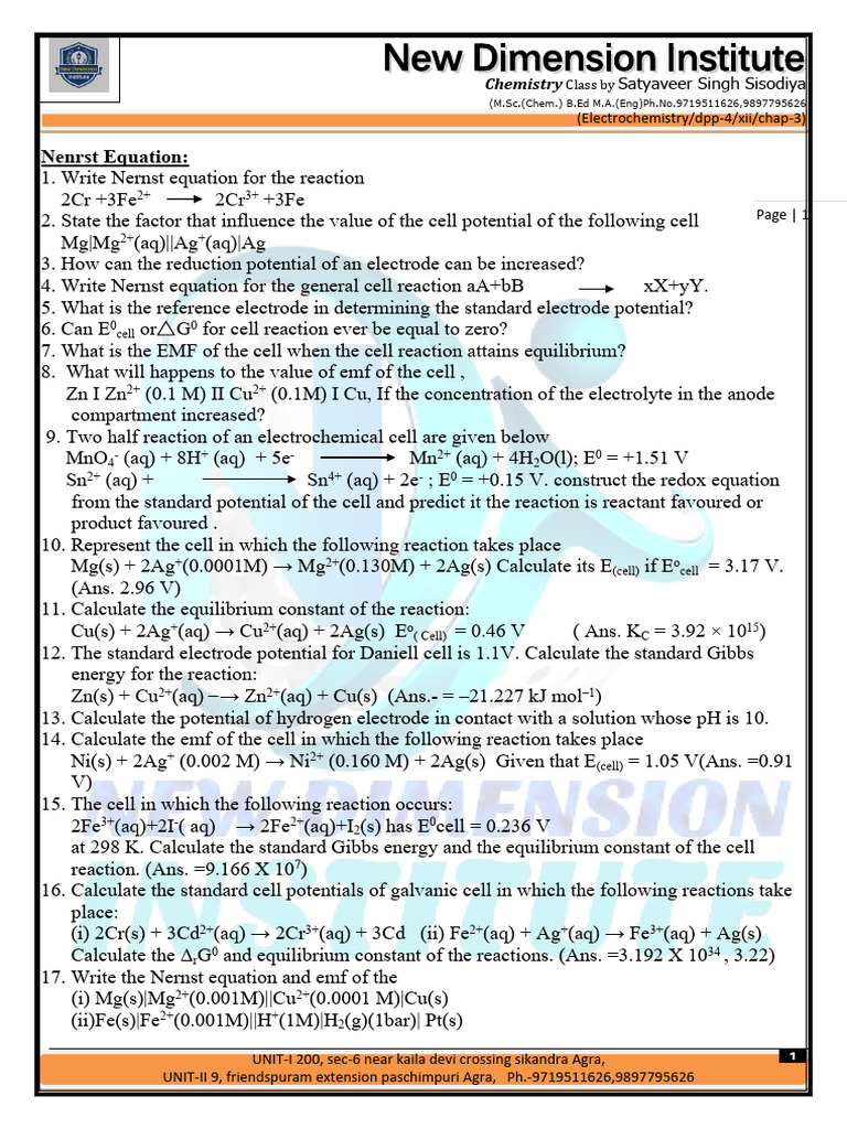 Chap-3 Dpp-4 Nernst Equation | PDF | Electrochemistry | Applied And ...