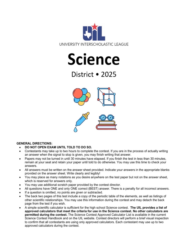 UIL Science Contest Directions 2025 | PDF | Chemical Bond | Atoms