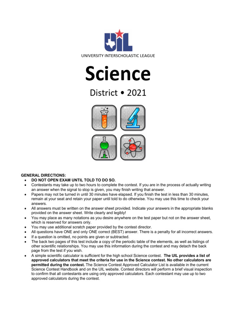 Uil Science 2021 District | PDF | Mole (Unit) | Electronvolt
