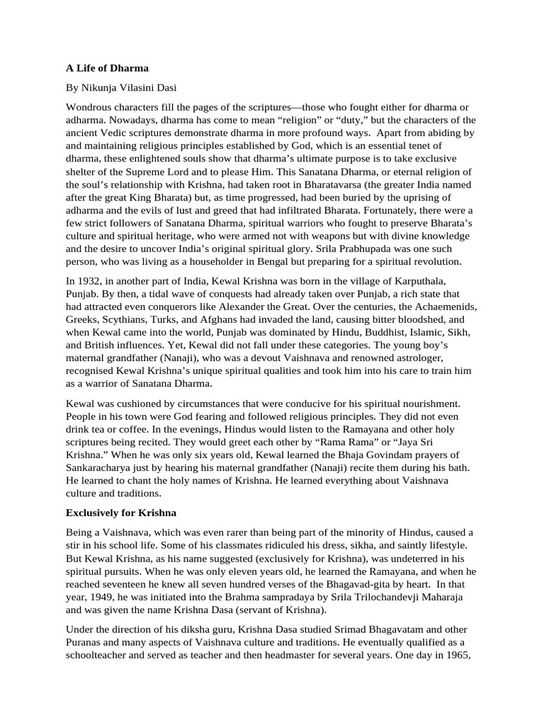A Life of Dharma by Nikunja Vilasini dasi | PDF | Vaishnavism | Krishna
