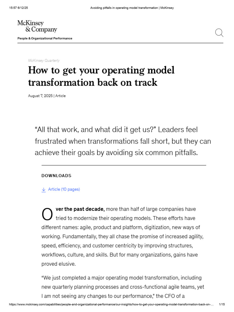 Avoiding Pitfalls in Operating Model Transformation _ McKinsey | PDF ...