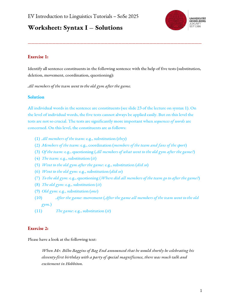 Worksheet Solutions Syntax I SoSe 2025_university heidelberg | PDF ...