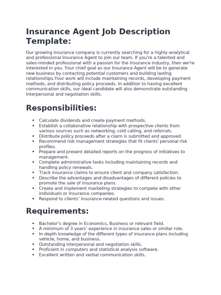 Insurance Agent Job Description Template | PDF