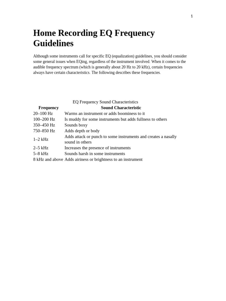 Home Recording EQ Frequency Guide | PDF | Equalization (Audio) | Sound