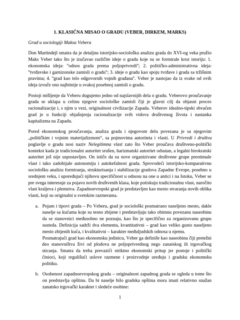 Sociologija Grada ISPIT 1 2 | PDF