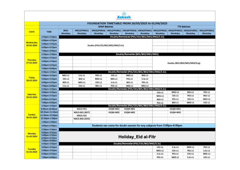 Foundation Timetable and Remedial Sessions | PDF | Workweek And Weekend